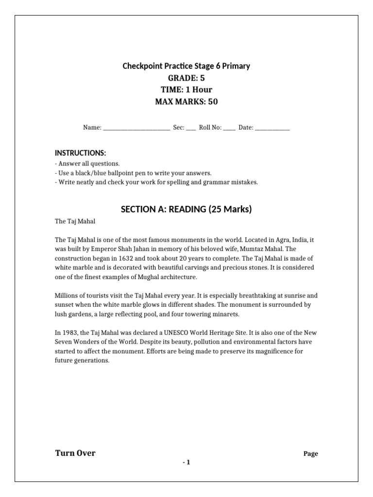 Cambridge Checkpoint Stage 6 Paper 1 Taj Mahal | PDF