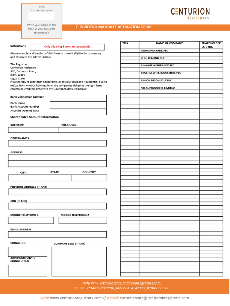 Centurion Registrars - e DIVIDEND MANDATE FORM | PDF