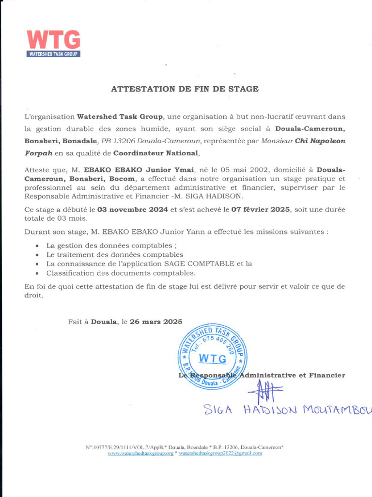 Attestation de Stage WTG | PDF