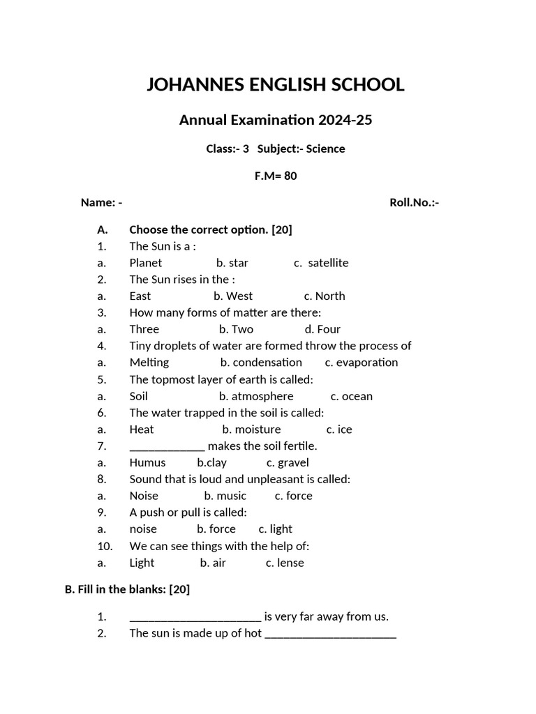 Class 3 Science Exam Paper 2024-25 | PDF | Soil | Water