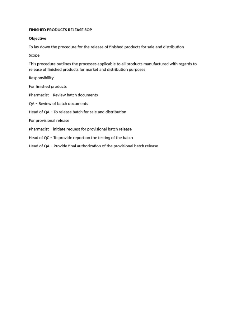 Finished Products Release SOP | PDF