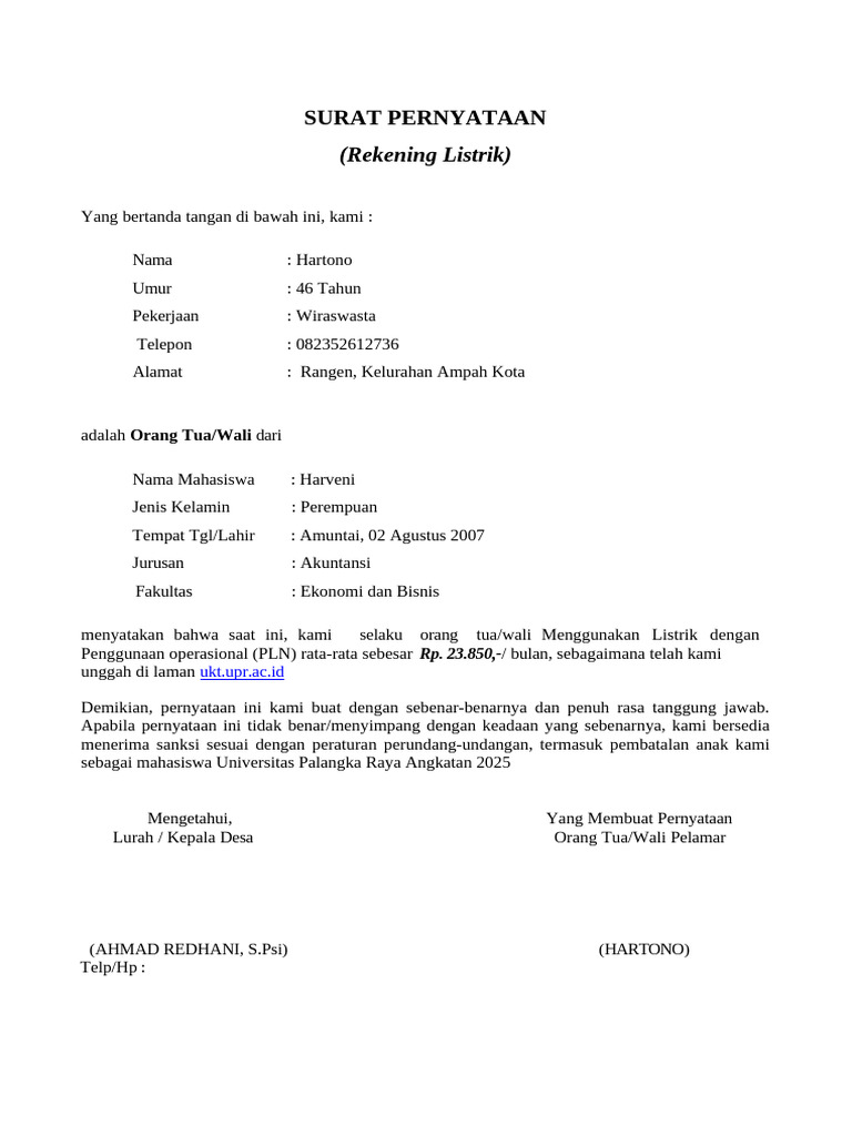 Surat Pernyataan Rekening Listrik | PDF