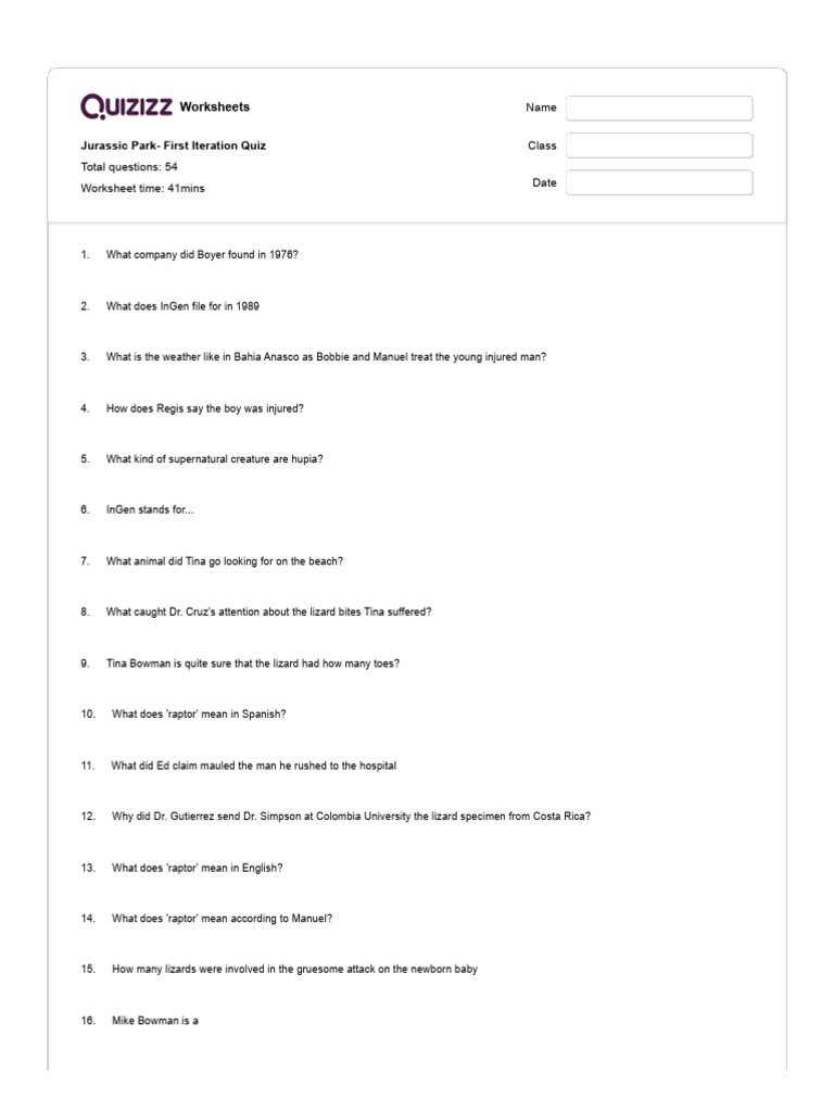 Jurassic Park - First Iteration Quiz - Quizizz | PDF