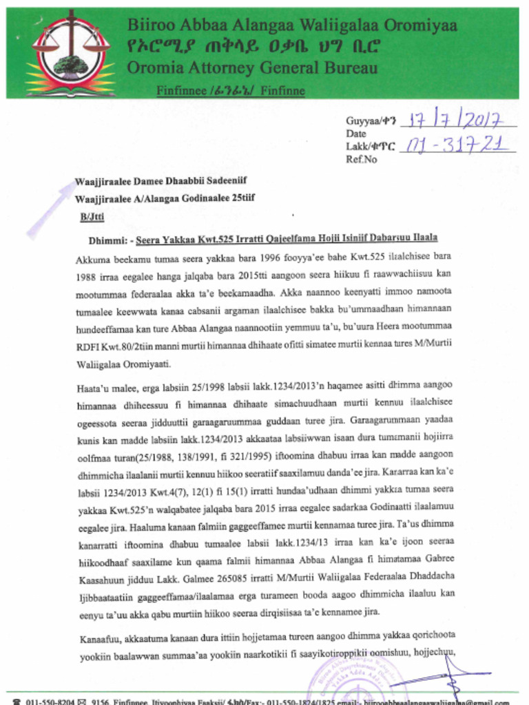 Qajeelfama Seera Yakkaaa Kwt.525 Irratti Kenname | PDF