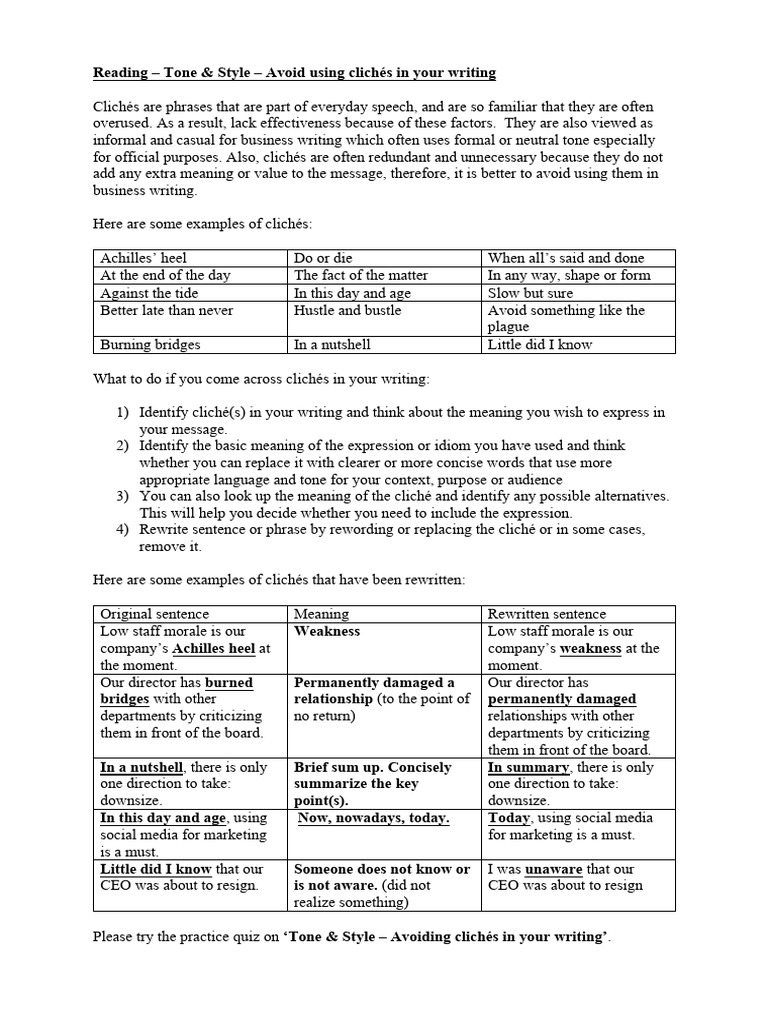 Reading Tone & Style - Cliches | PDF | Human Communication | Linguistics