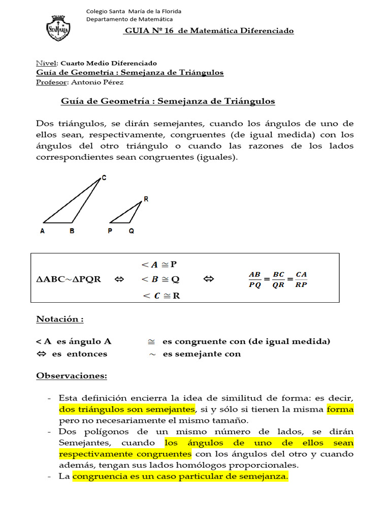 Semejanza de Triángulos: Guía de Geometría | PDF | Triángulo ...