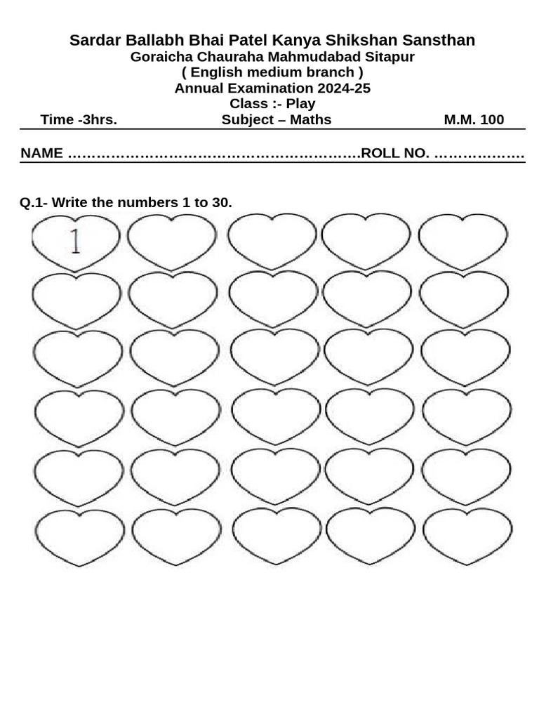 Play Class Maths Exam Paper 2024-25 | PDF