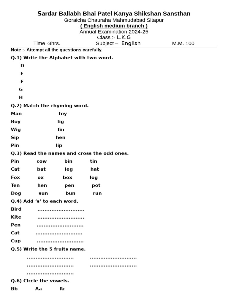 Lkg English Exam Paper 2024 25 Pdf