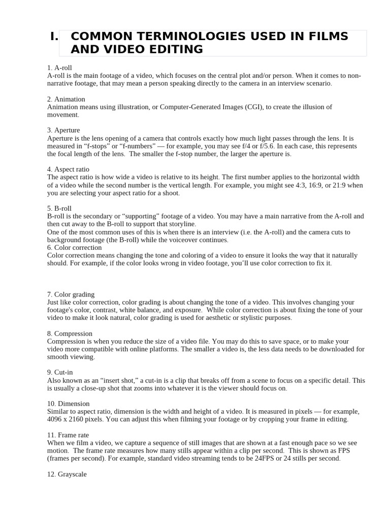 COMMON TERMINOLOGIES USED IN FILMS AND VIDEO EDITING | PDF | Video ...