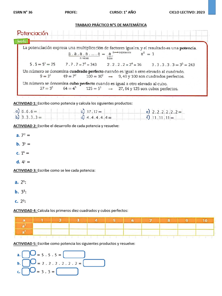 Trabajo Práctico N°5-Potenciación | PDF