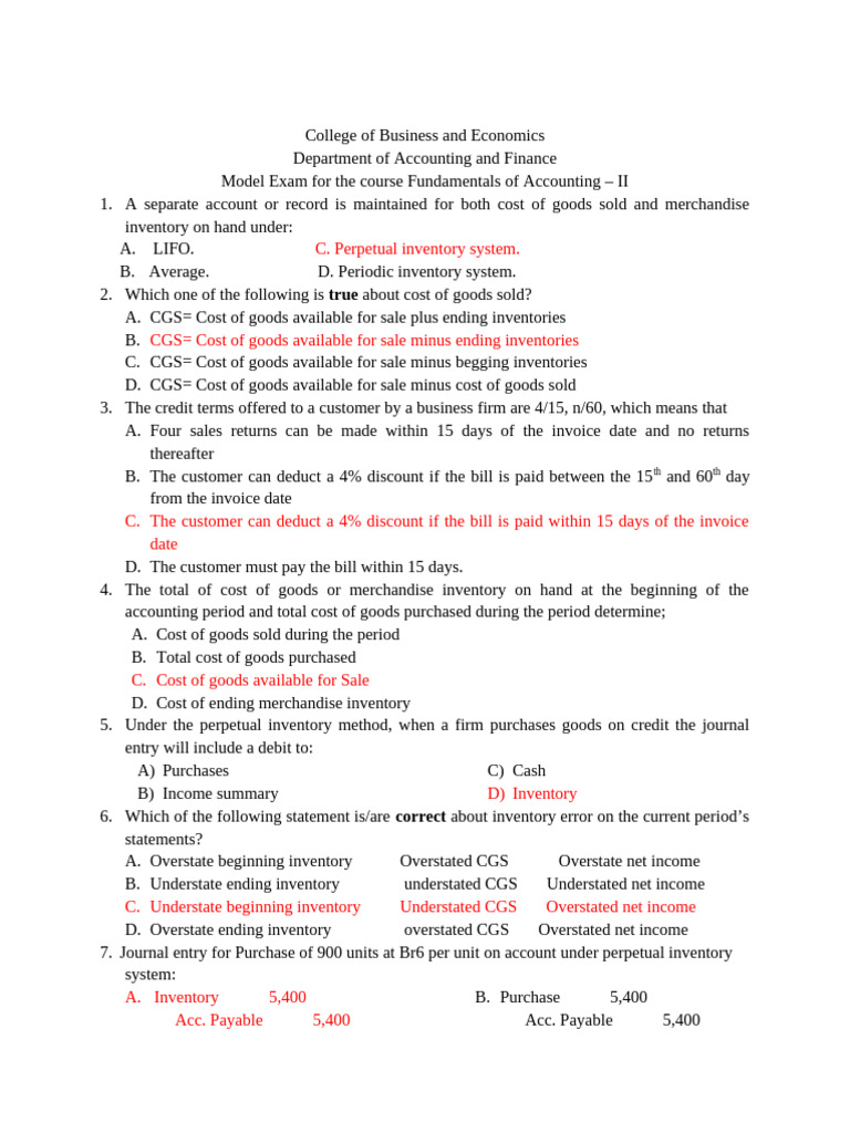 Accounting Fundamentals Model Exam | PDF | Partnership | Expense