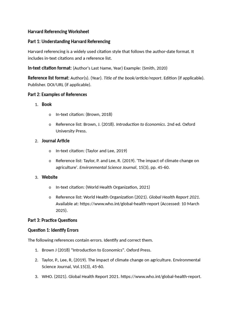 Harvard Referencing Worksheet | PDF | Citation