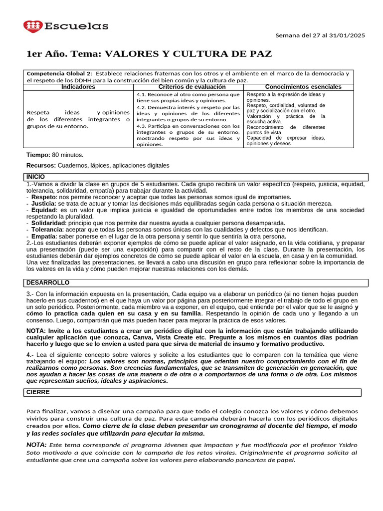 1er Año Valores y Cultura de Paz Editado | PDF | Justicia | Crimen y ...