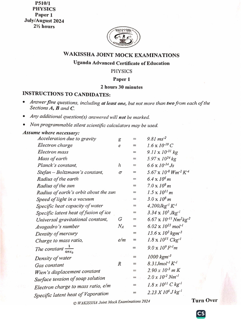 Wakisha Joint Mock Examination Uace Physics Paper 1 K 2024 | PDF