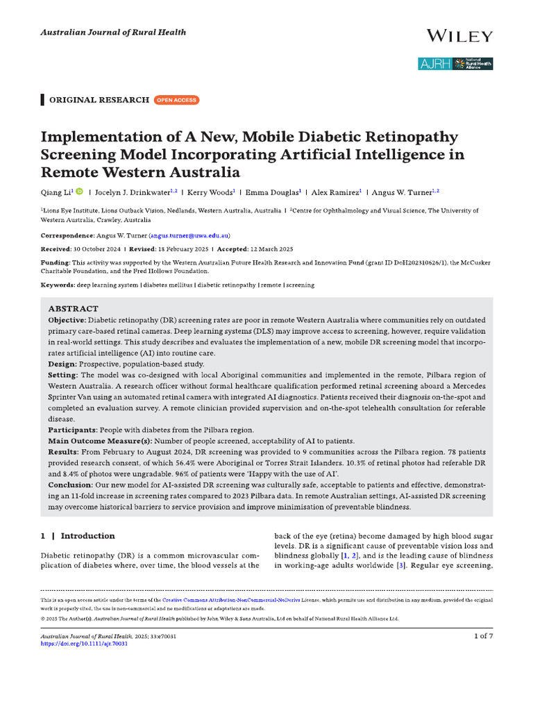 Implementation of A New, Mobile Diabetic Retinopathy Screening Model ...