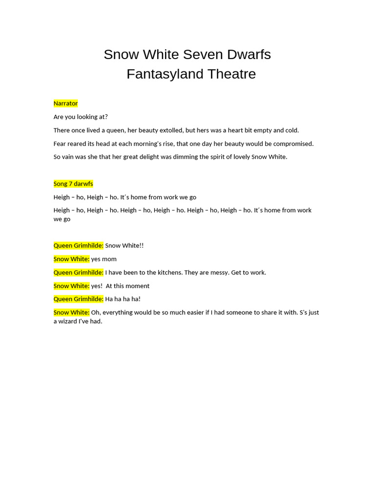 Snow White and the Seven Dwarfs Script | PDF