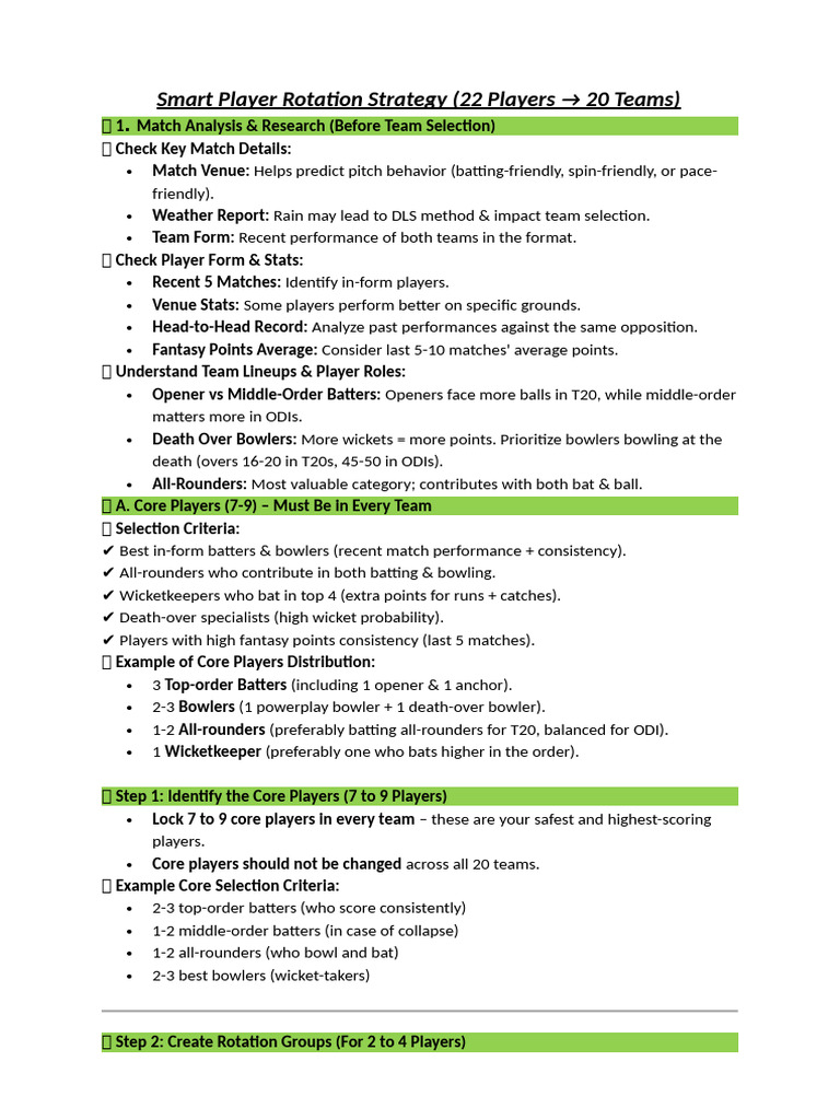 Smart Player Rotation Strategy (22 Players 20 Teams) | PDF | Bowling ...