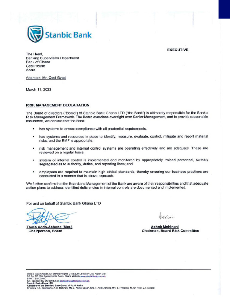 Risk Management Declaration To Bank of Ghana | PDF
