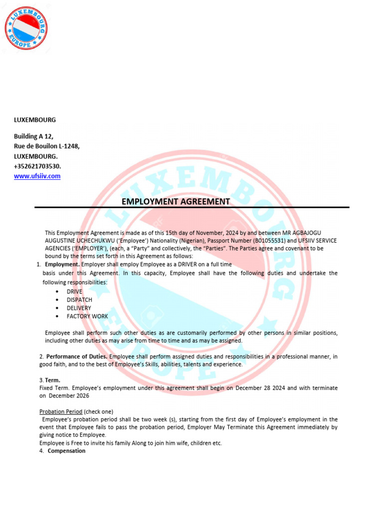 Luxembourg Employment Agreement for Driver | PDF | Trade Secret ...