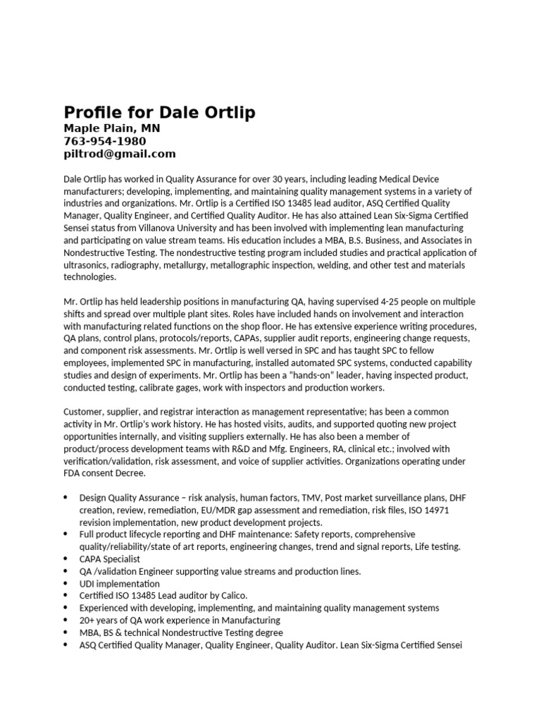 Dale Ortlip Resume May 2023 | PDF | Quality Assurance | Verification ...
