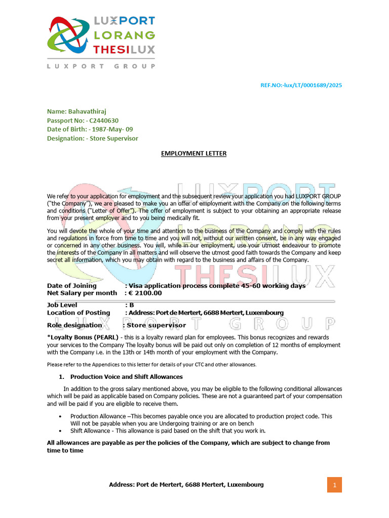 Offer Letter Bahavathi LX-001689-25 | PDF | Employment | Salary