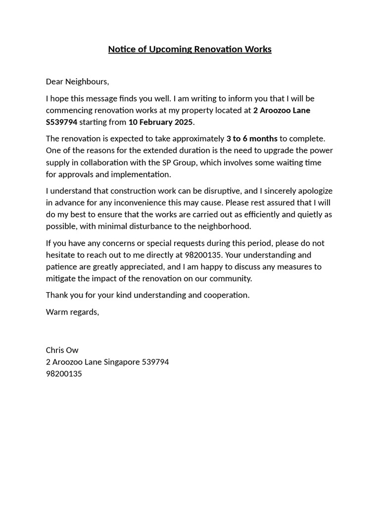 Notice of Upcoming Renovation Works | PDF