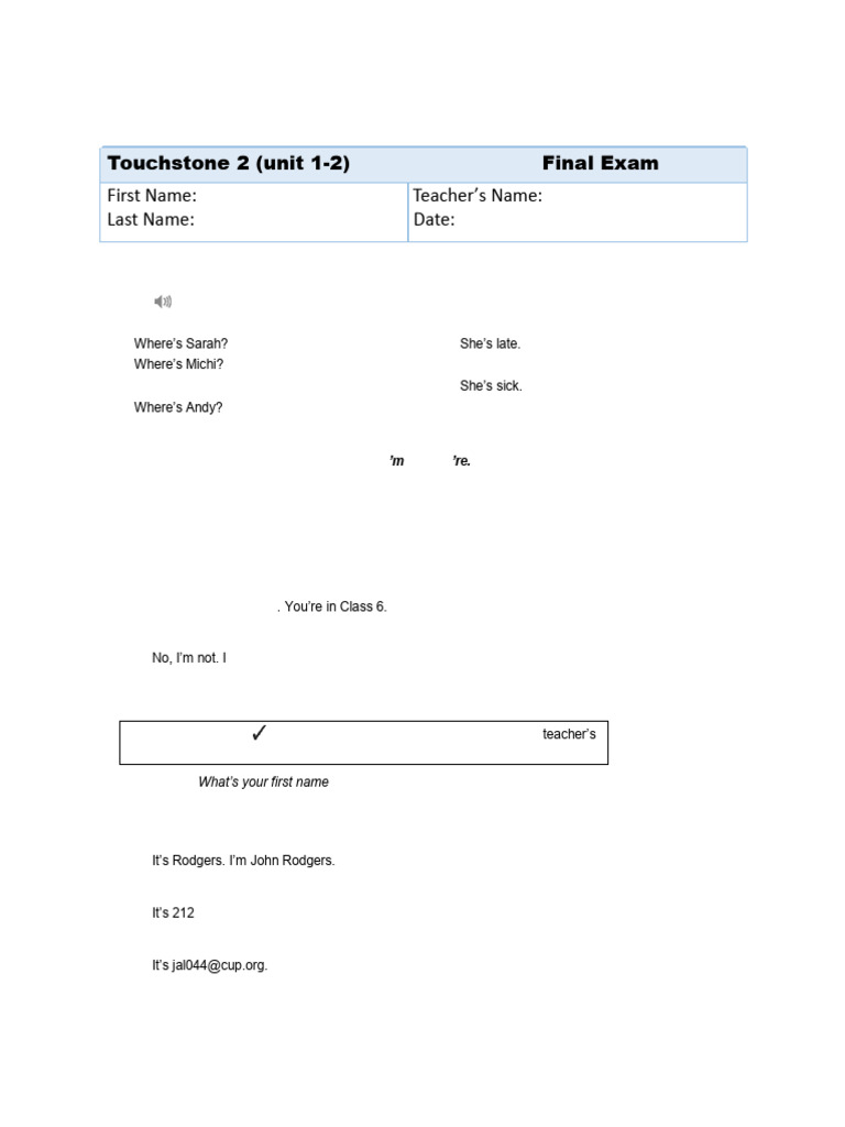 Touchstone 2 - Unit 1-2 - Final Exam | PDF