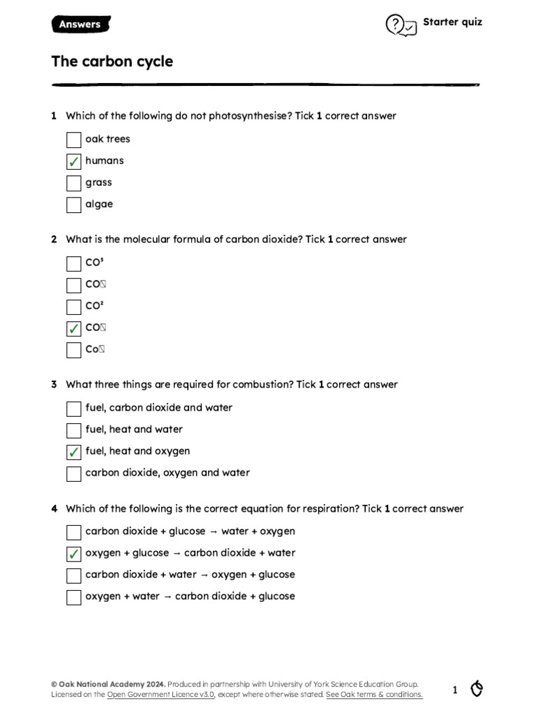 Carbon Cycle Starter Quiz | PDF | Oxide | Carbon Dioxide