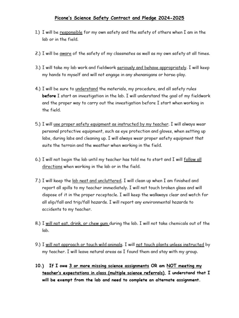 Science Safety Contract 2024-2025 | PDF | Personal Protective Equipment ...