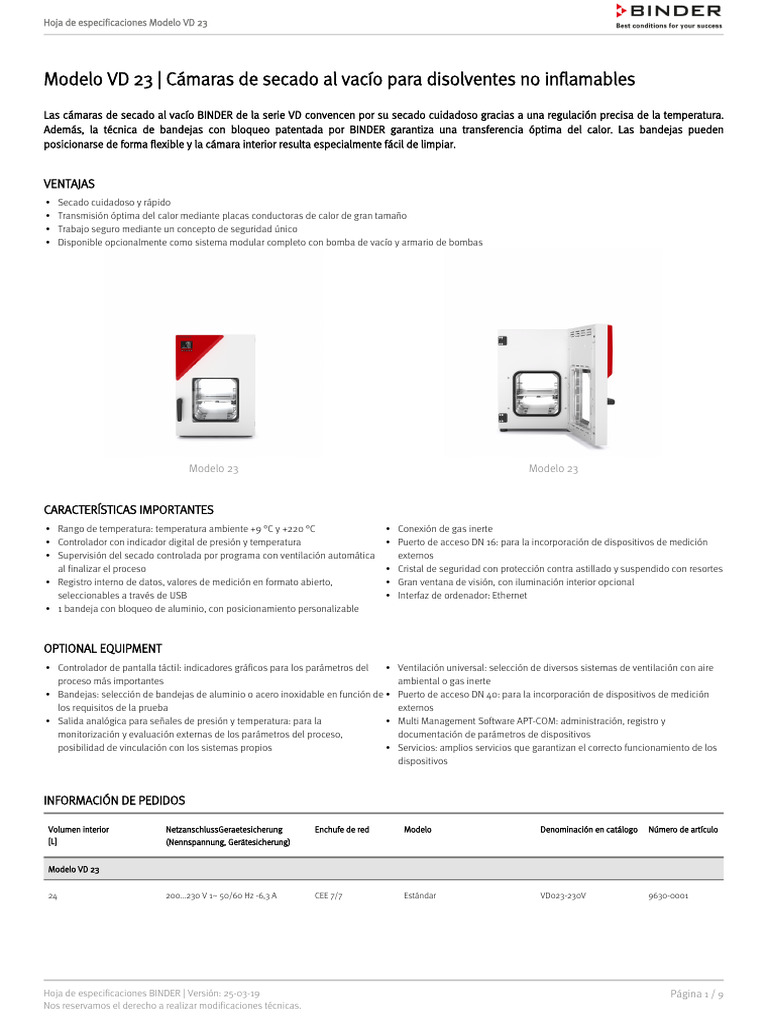Especificaciones Modelo VD 23 BINDER | PDF | Medición | Ventilación ...