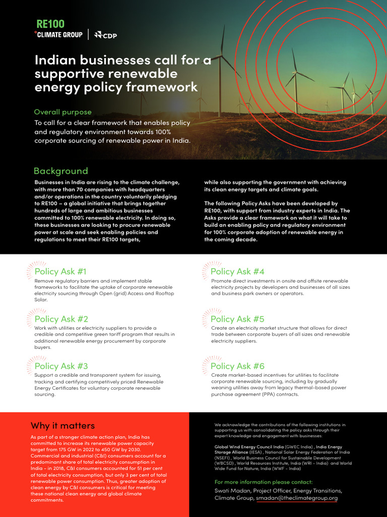 RE100 India Policy Asks_0 | PDF | Renewable Energy | Policy