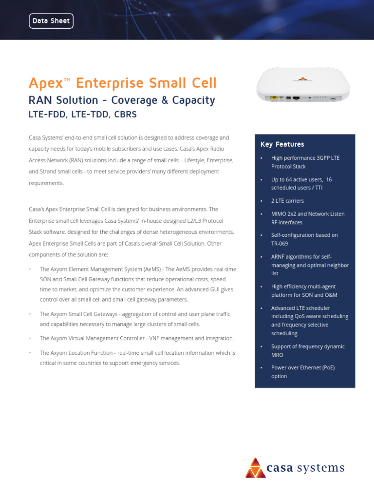 Casa - Datasheet Apex Enterprise Small Cell | PDF | Lte (Telecommunication) | Computer Networking