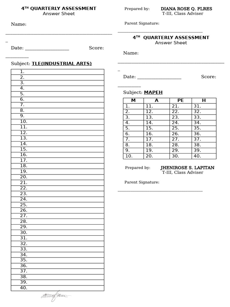 4th Quarter Assessment Answer Sheet | PDF