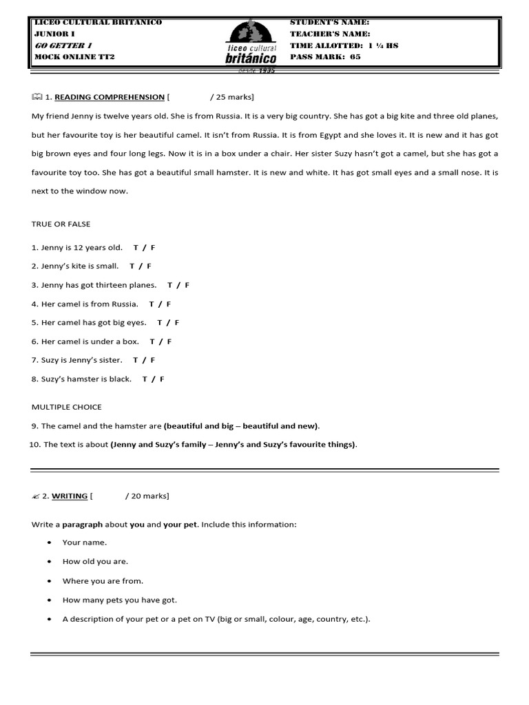 Junior English Mock Test: Go Getter 1 | PDF