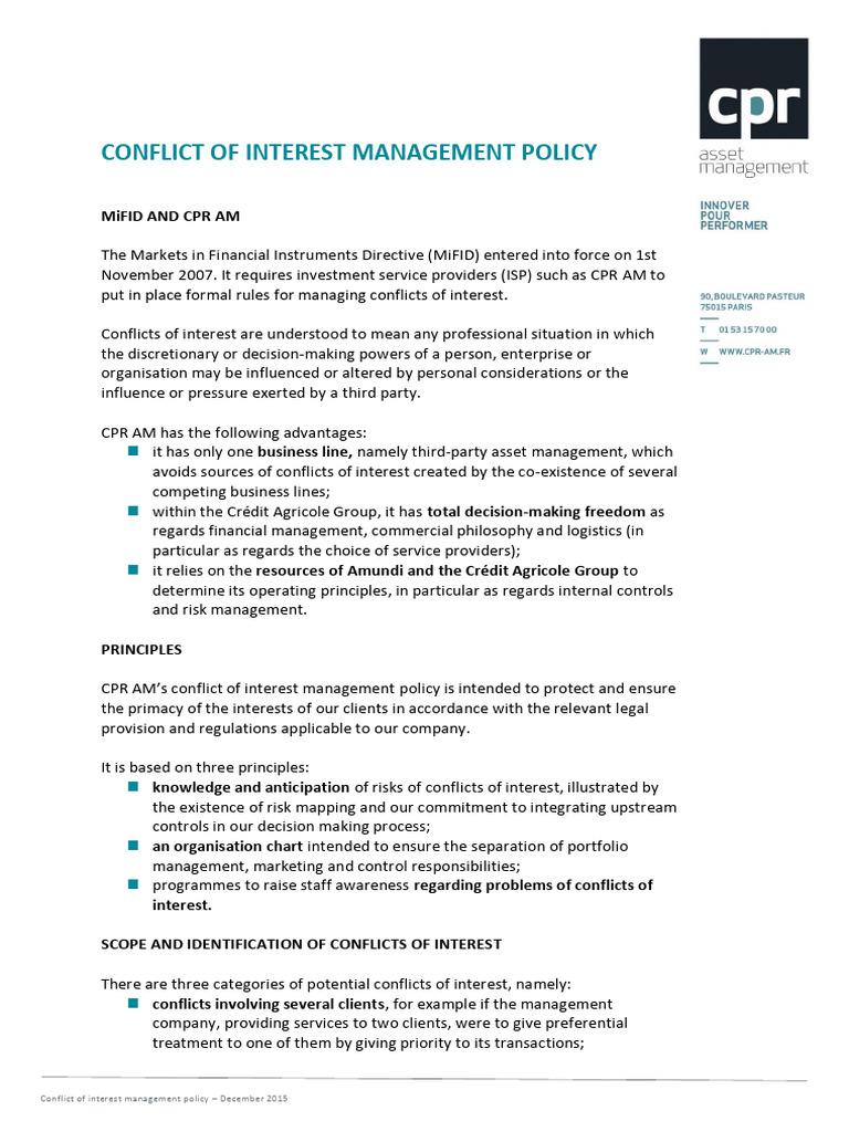 CPR AM Conflict of Interest Policy | PDF | Conflict Of Interest | Risk
