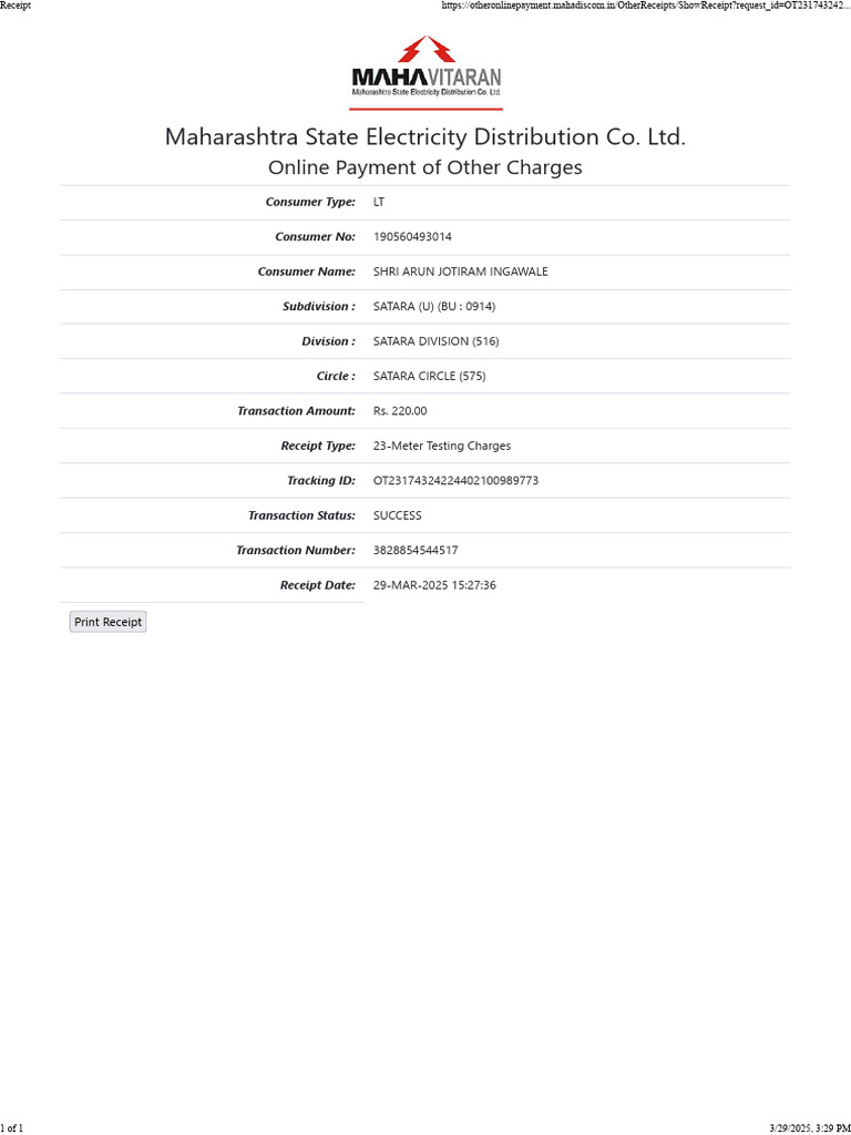 Arun Ingwale Gen Meter Receipt | PDF