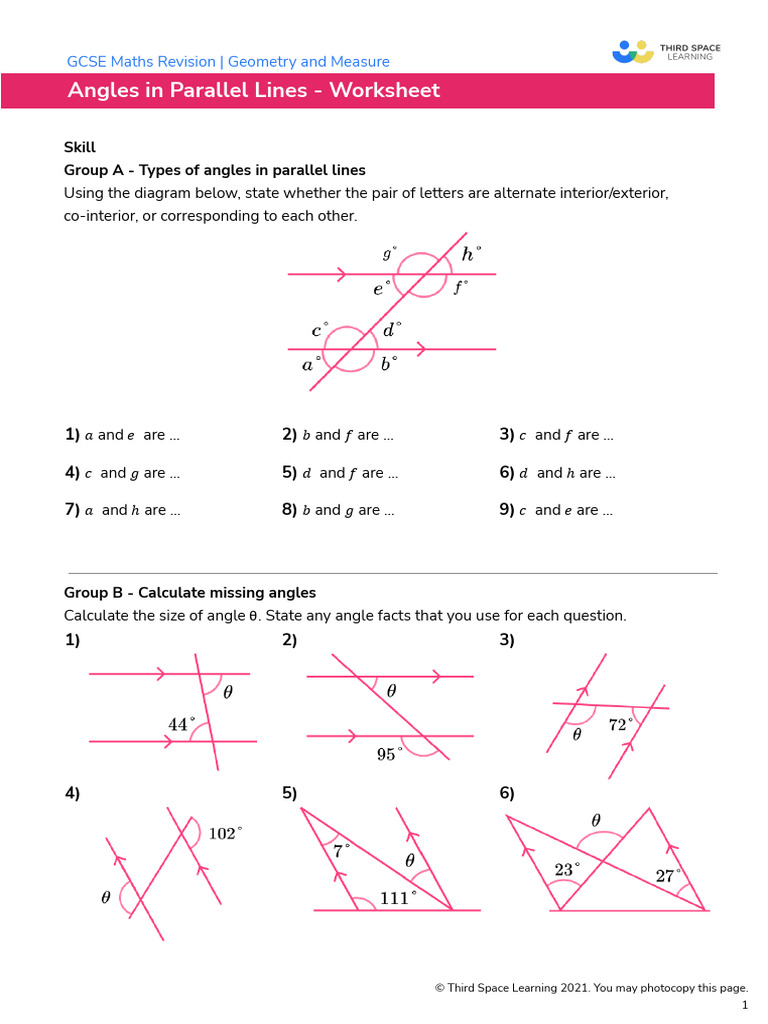 Third Space Learning Angles in Parallel Lines GCSE Worksheet 1 2 | PDF