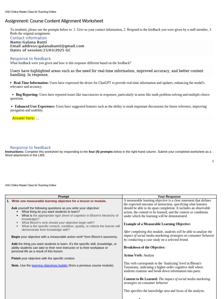 Content Alignment Worksheet Resubmission - Word Version | PDF ...