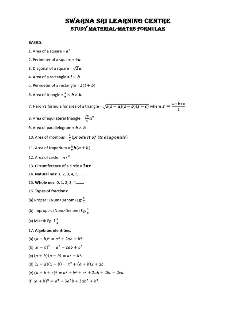 Class 8 Math Formulas and Concepts | PDF | Area | Triangle