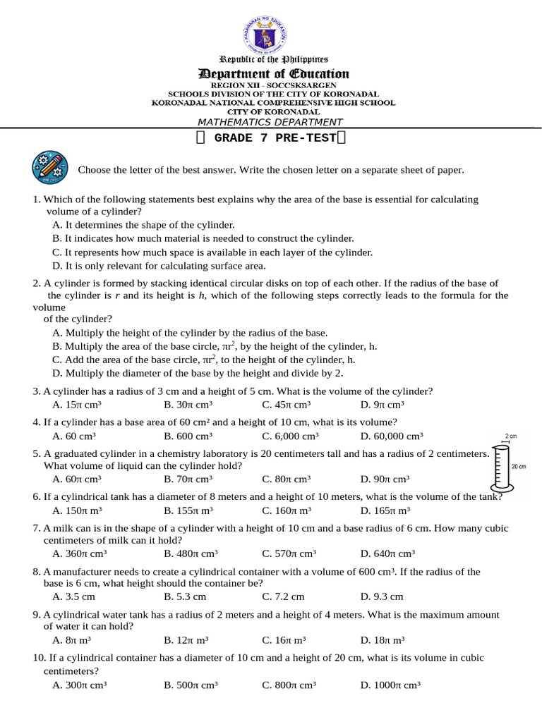 M7 Q2 Las - Pre Test | PDF | Volume | Area