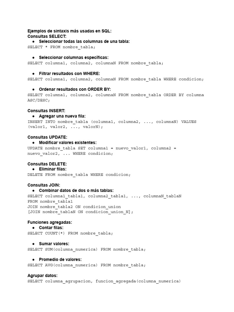 Ejemplos de sintaxis mas usadas en SQL | PDF