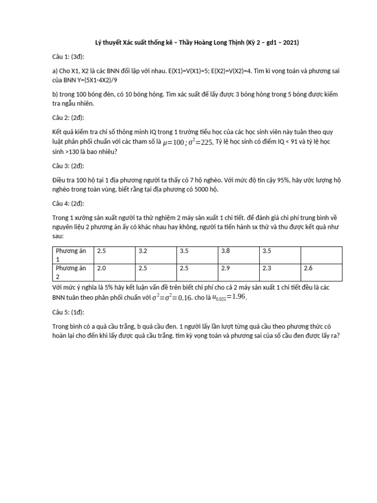 Đề Thi Cuối Kỳ Lý Thuyết XSTK - Thầy Thịnh | PDF