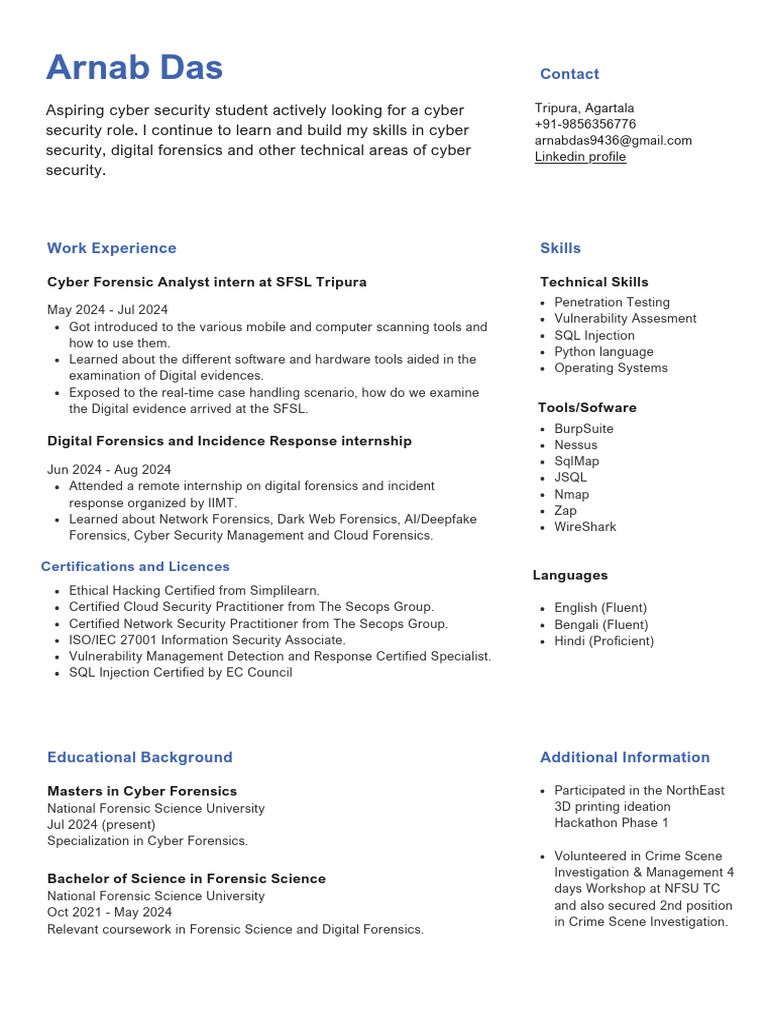 Arnab Das Professional Resume | PDF | Digital Forensics | Forensic Science