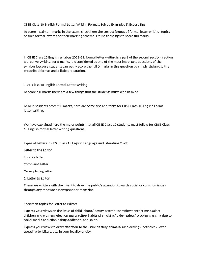 Class 10 Formal Letter Writing Guide | PDF | Human Communication