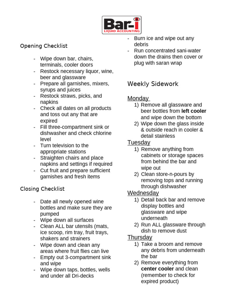 Bar Opening and Closing Checklist | PDF | Dishwasher