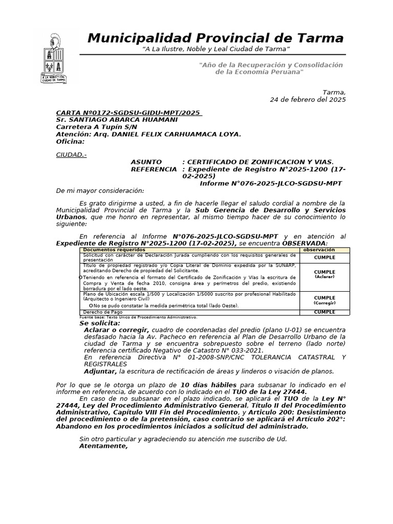 Carta N°172-2025 - Zonif. Vias Mega 1 | PDF