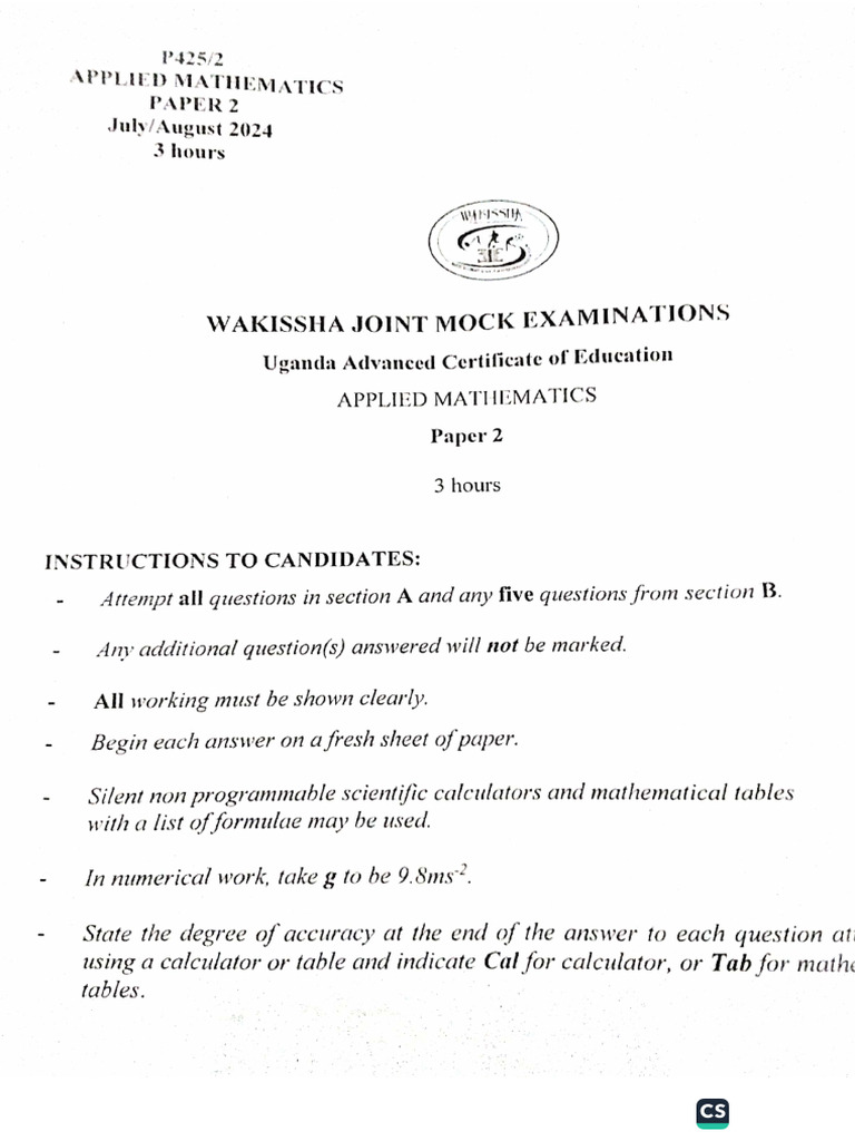 Wakissha Joint Mock Examination 2024 Aplied Mathematics | PDF