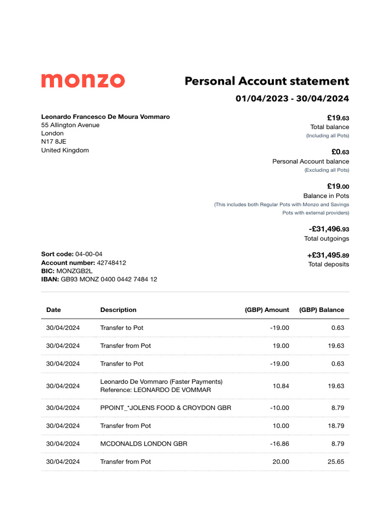 Monzo - Bank - Statement - 2023 04 01 2024 04 30 - 7854 | PDF | Banking ...
