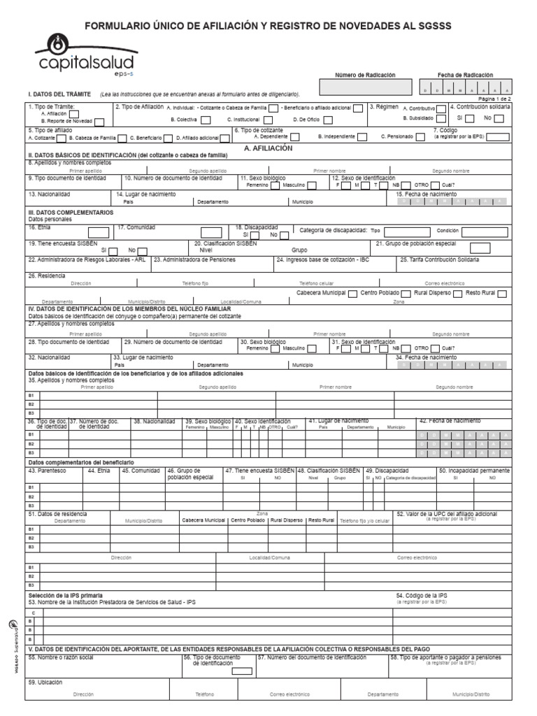 Formulario Unico de Afiliacion y Registro de Novedades Al SGSSS | PDF