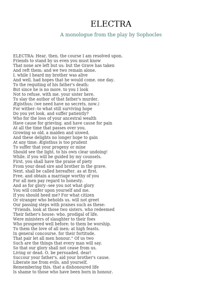 Electra Monologue - Only Ones Left Alive | PDF